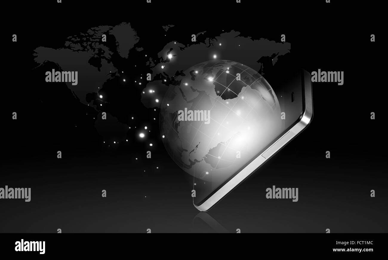 Modern communication technology concept with mobile phone on high tech ...