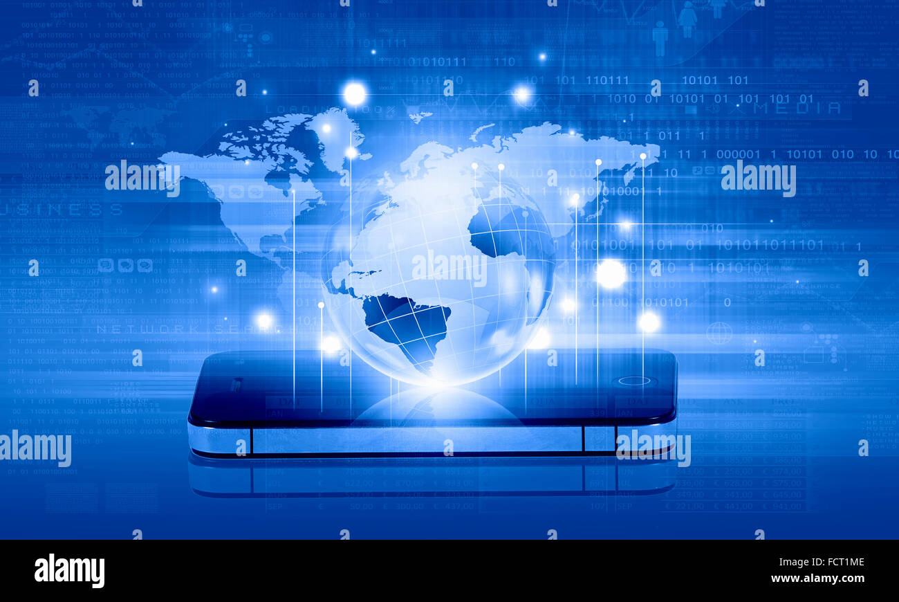 Modern communication technology concept with mobile phone on high tech ...