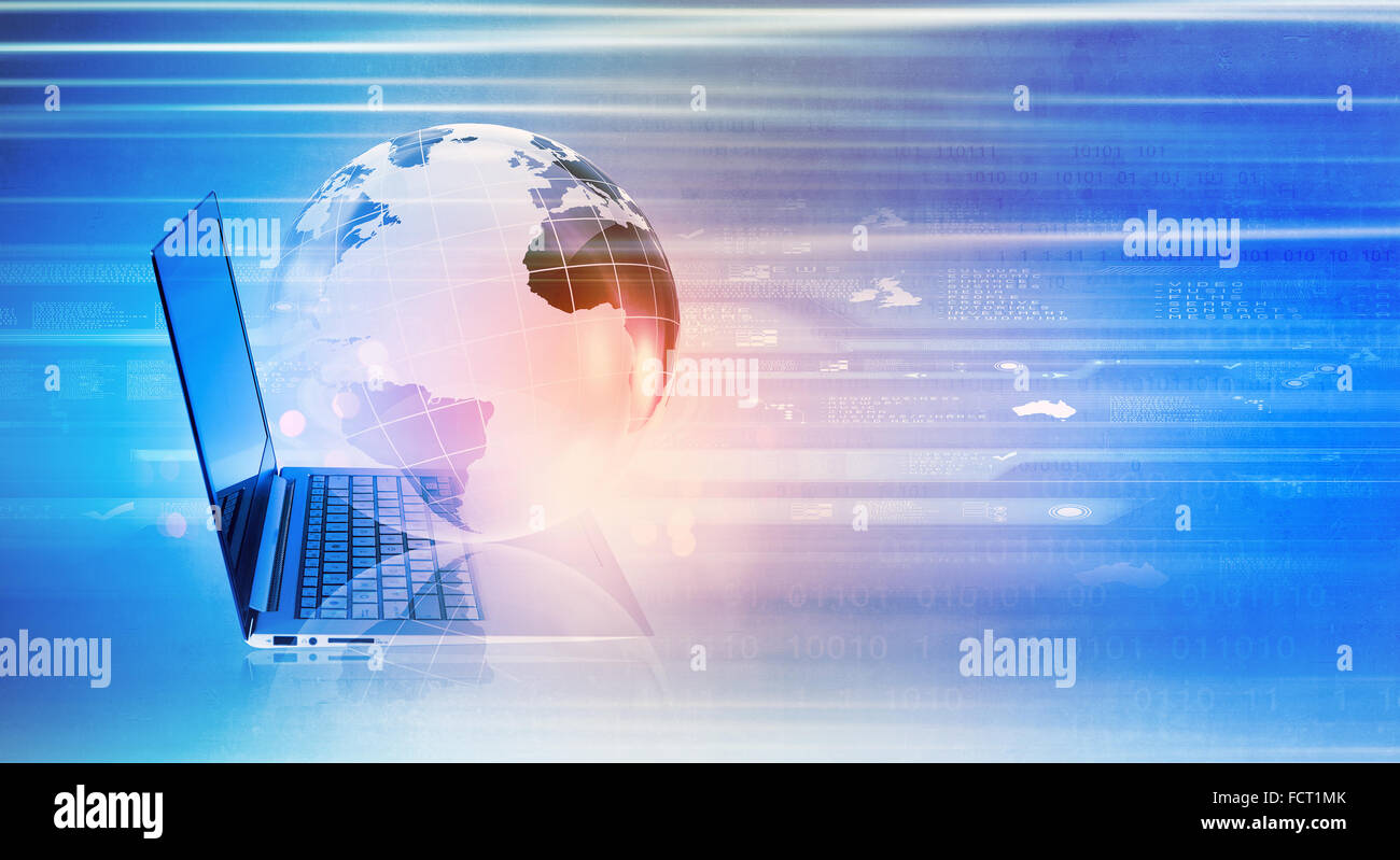 Global technologies concept with laptop and media icons Stock Photo - Alamy