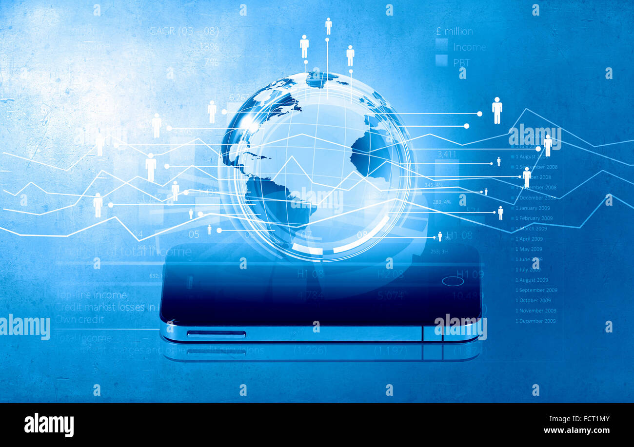 Modern communication technology concept with mobile phone on high tech ...