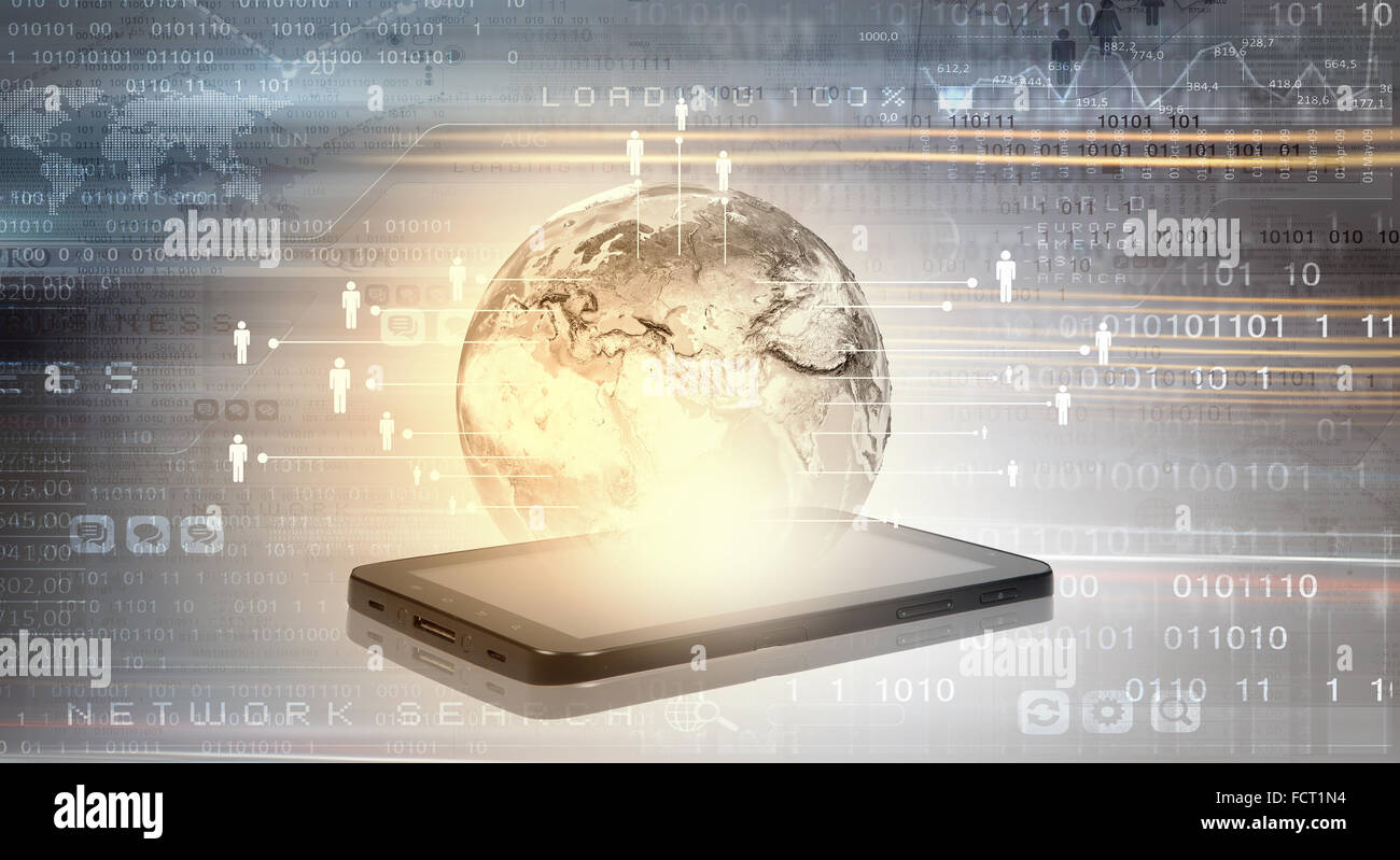 Modern communication technology concept with mobile phone on high tech ...