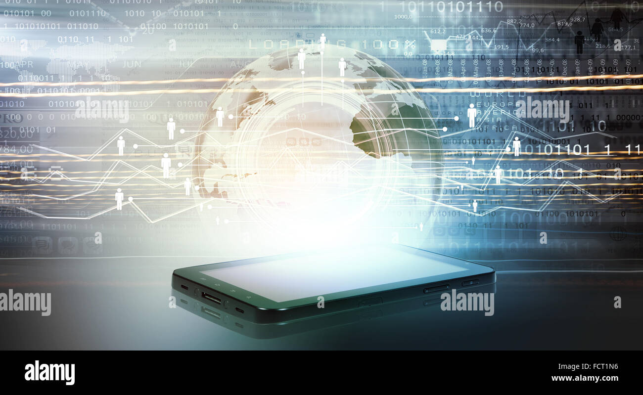 Modern communication technology concept with mobile phone on high tech ...