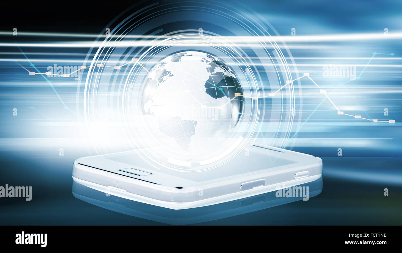 Modern communication technology concept with mobile phone on high tech ...
