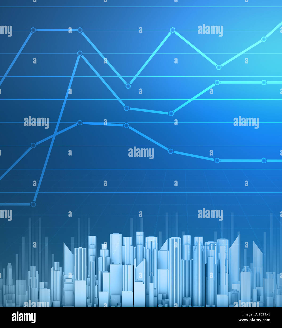 Abstract charts and skyscraper on blue background with a grid Stock ...