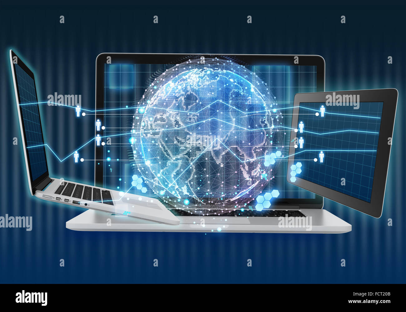 Abstract illustration with laptop and tablet. Digital world map of the ...