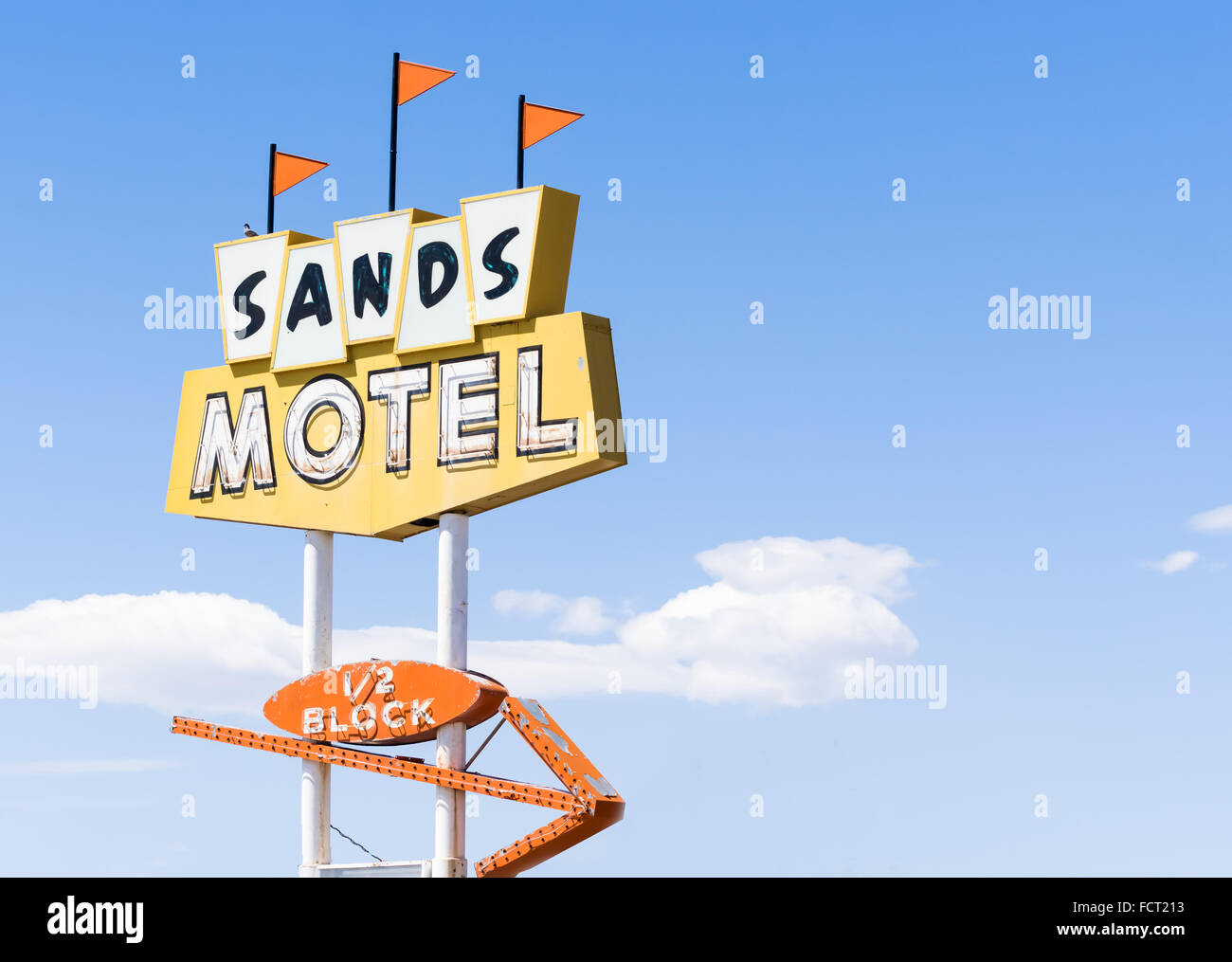 Sign against blue sky for Sands Motel and sign Historic Route 66 at ...
