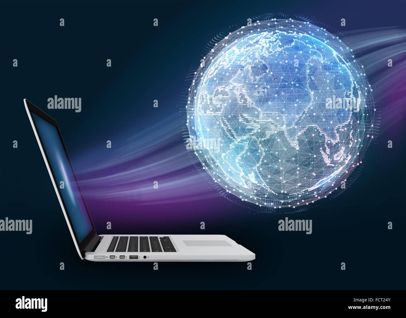 Notebook and abstract digital world map of the global ...