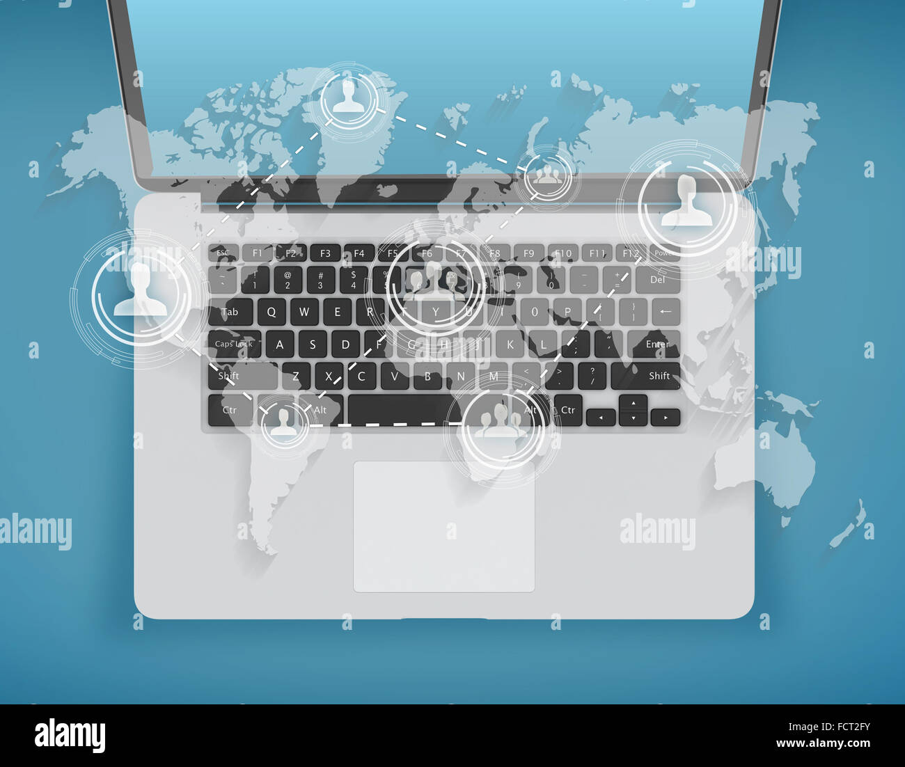 Social world map on background of laptop Stock Photo - Alamy