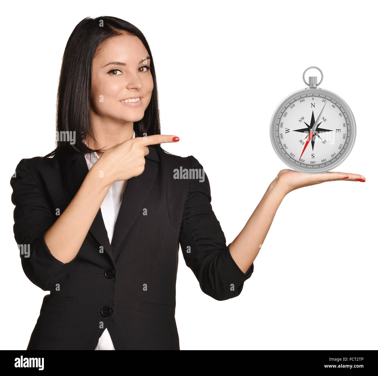 Office girl standing on white background and holding compass Stock ...
