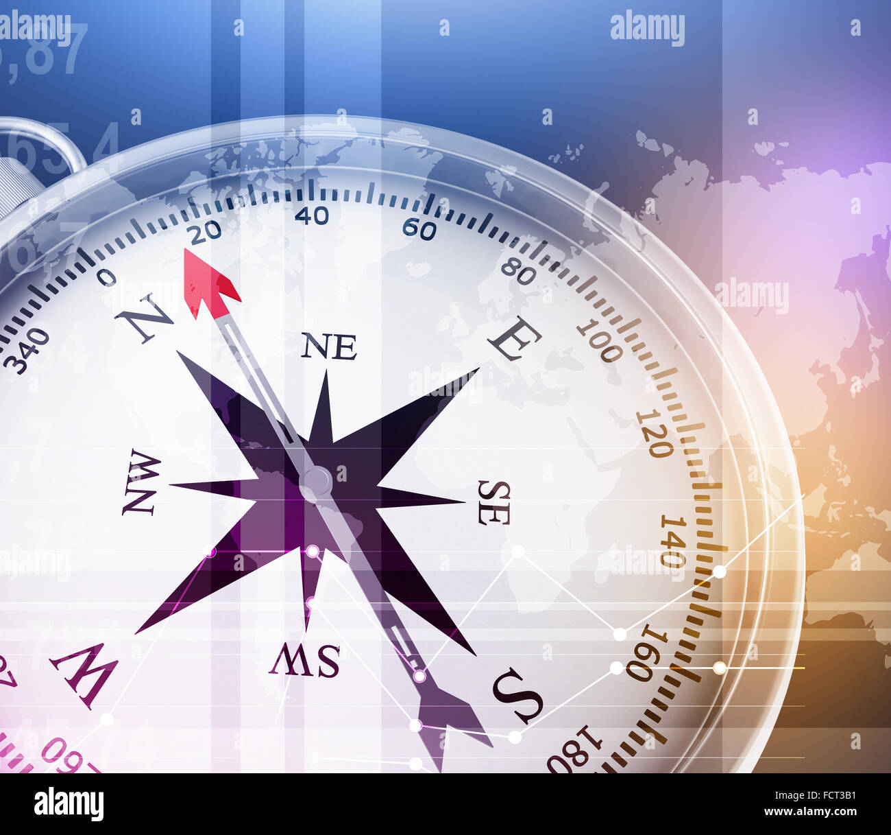 Illustration of compass and world map on colorful background Stock ...