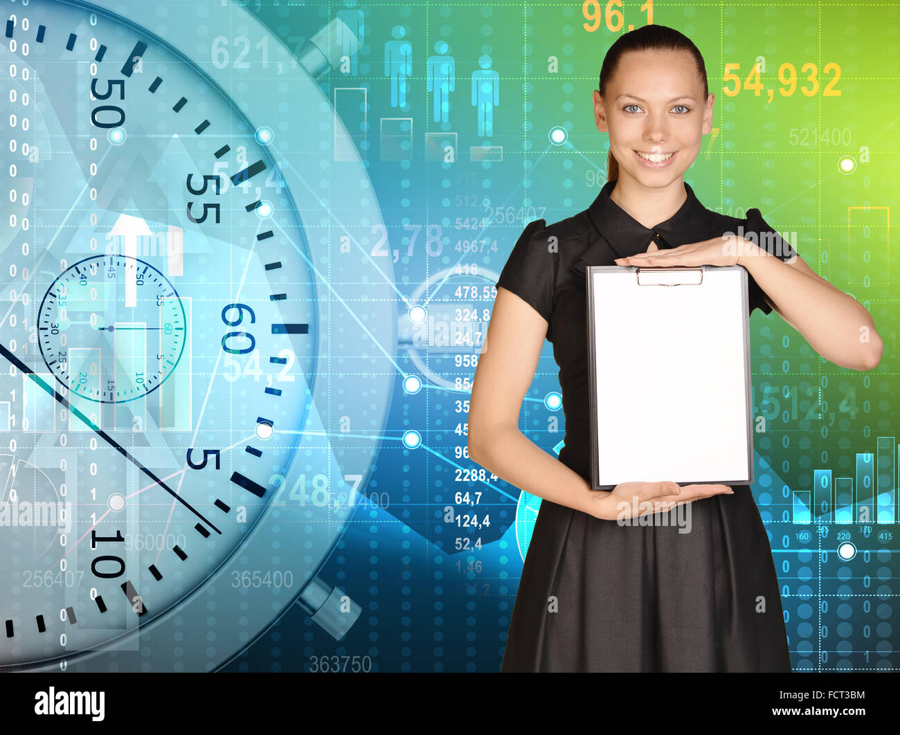 Young girl in a dress stands on background stopwatch holding clipboard ...