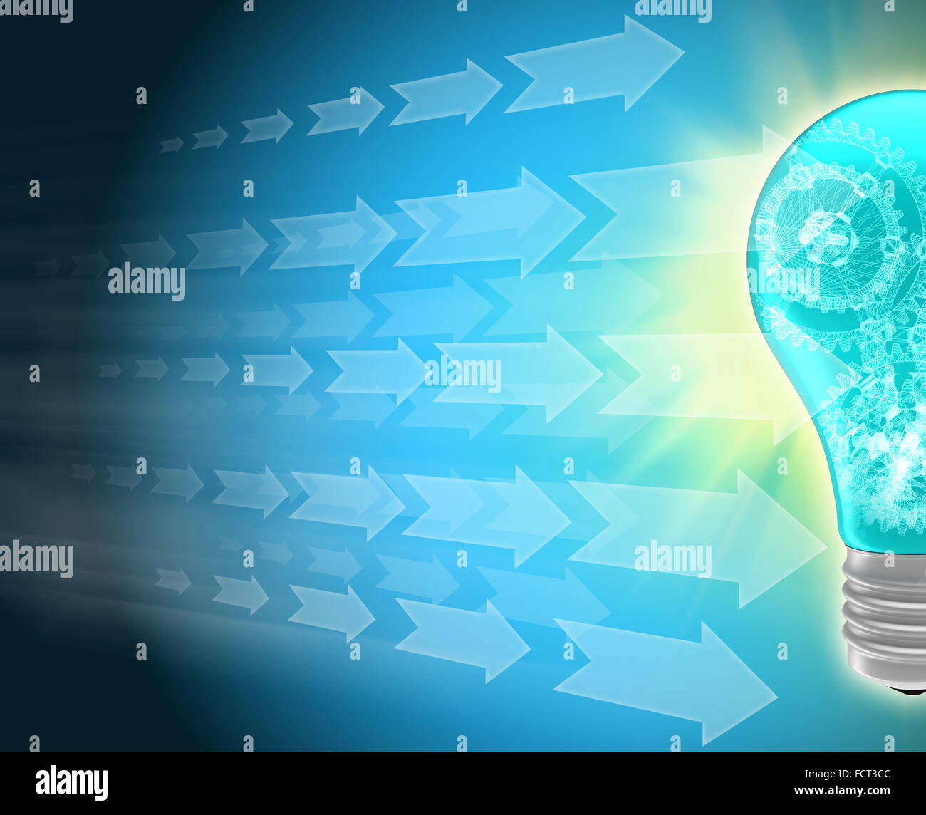 arrows flying to the glowing blue light bulb Stock Photo - Alamy