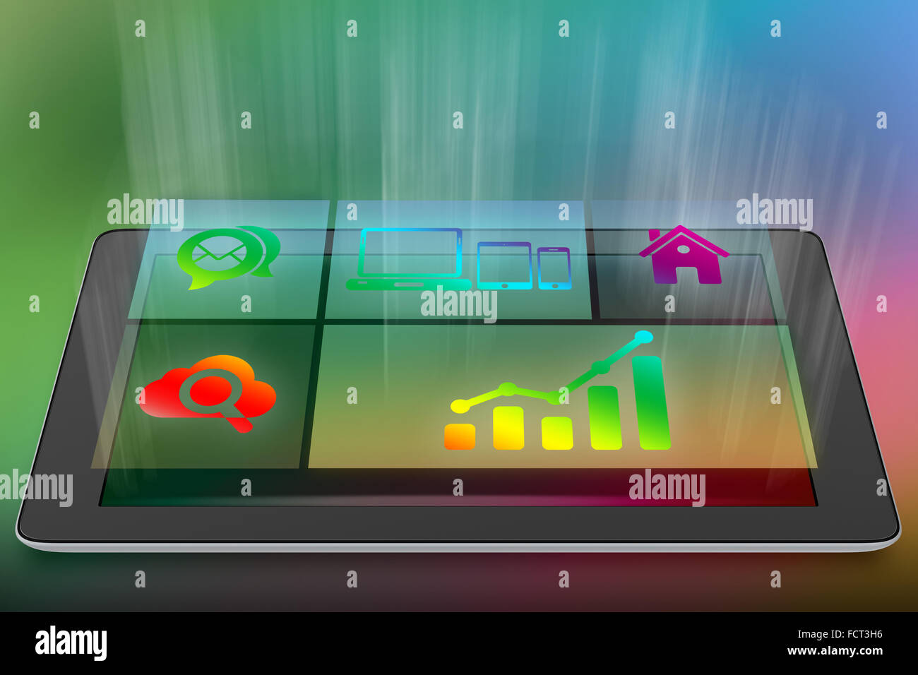 Tablet and application icons on a colorful background Stock Photo - Alamy