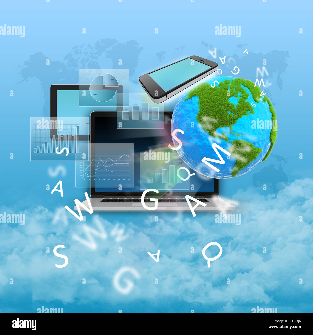 Abstract collage with computers, green planet and graphs Stock Photo ...