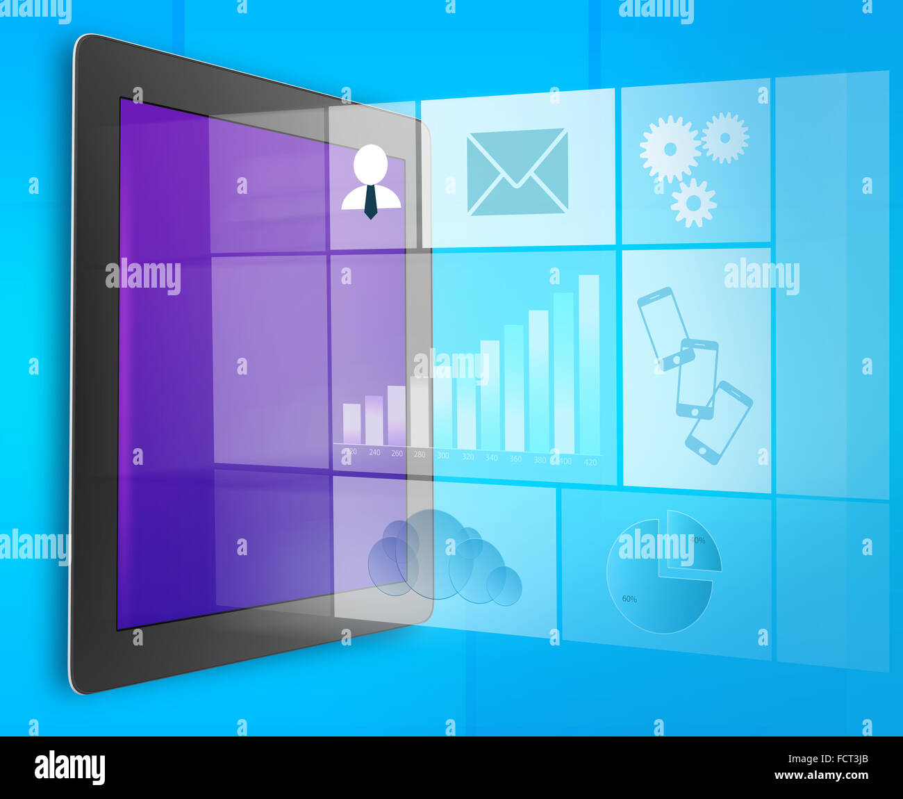 Tablet and the icon located on air screen Stock Photo - Alamy