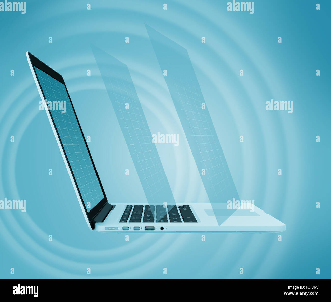 Laptop on abstract background and flying screen Stock Photo - Alamy