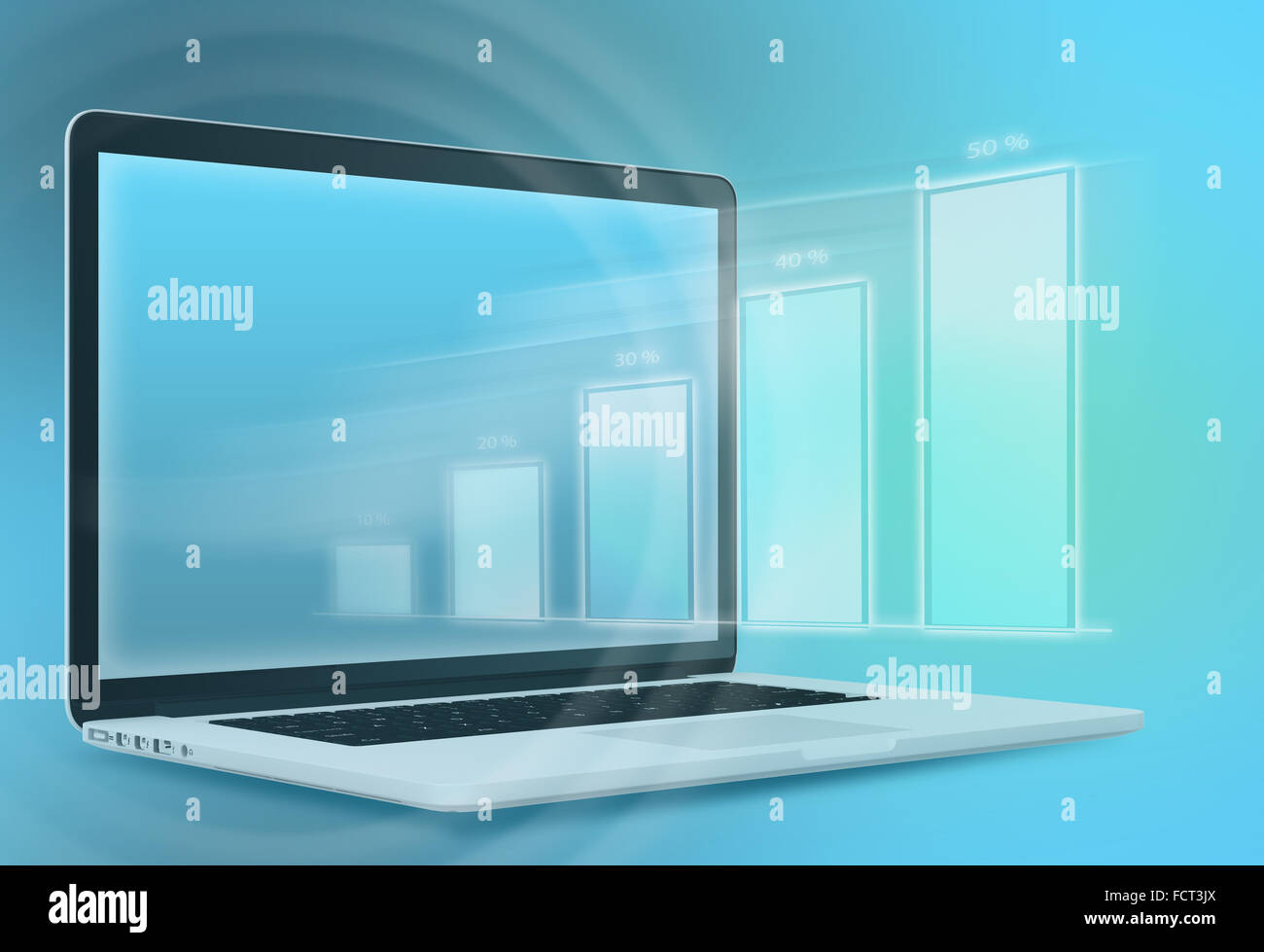 Laptop and bar chart flying from screen on abstract background Stock ...