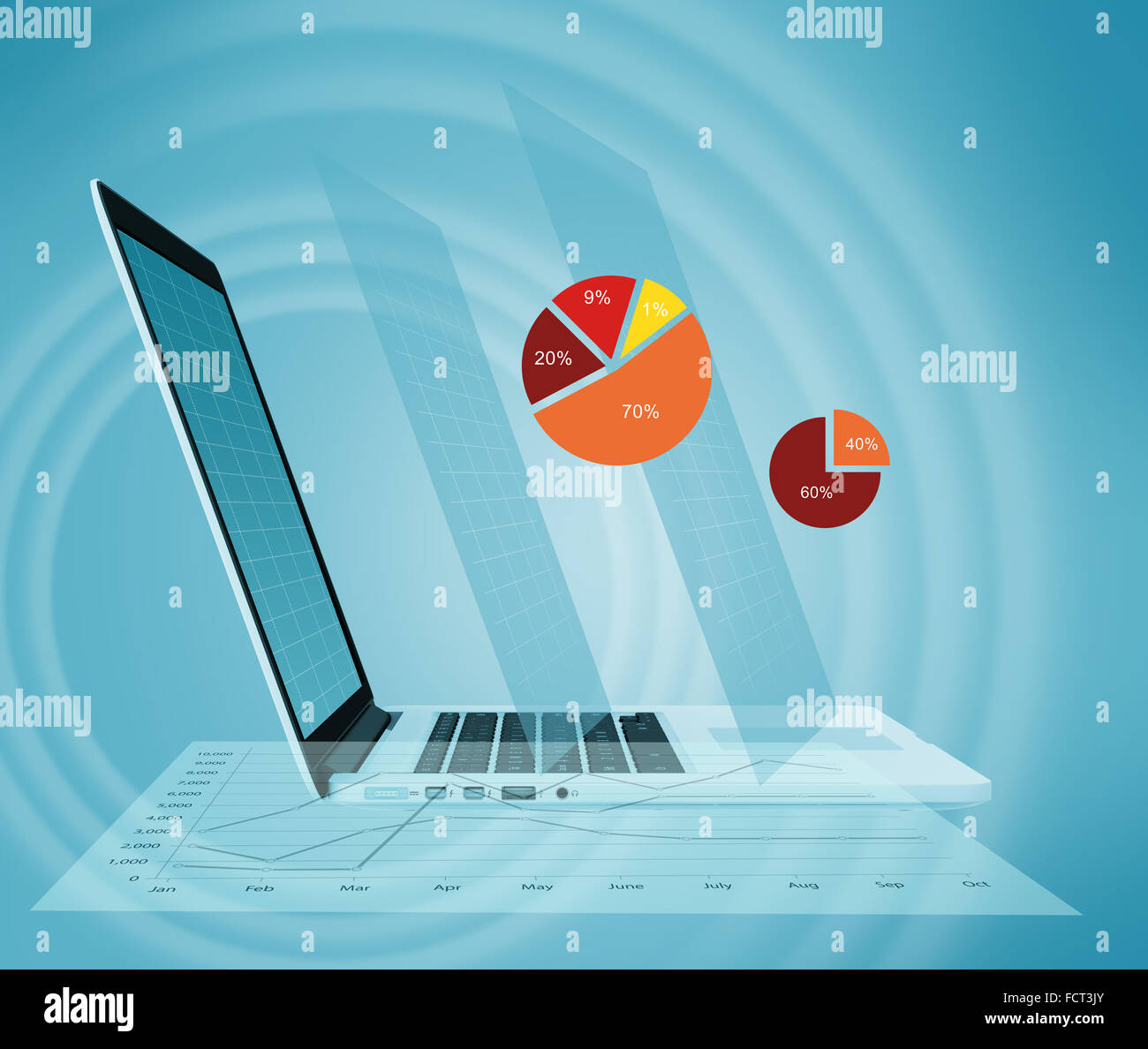 Laptop and pie charts on abstract background Stock Photo - Alamy