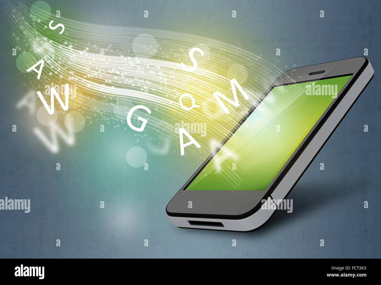 phone and flying letters leaves a trail Stock Photo - Alamy