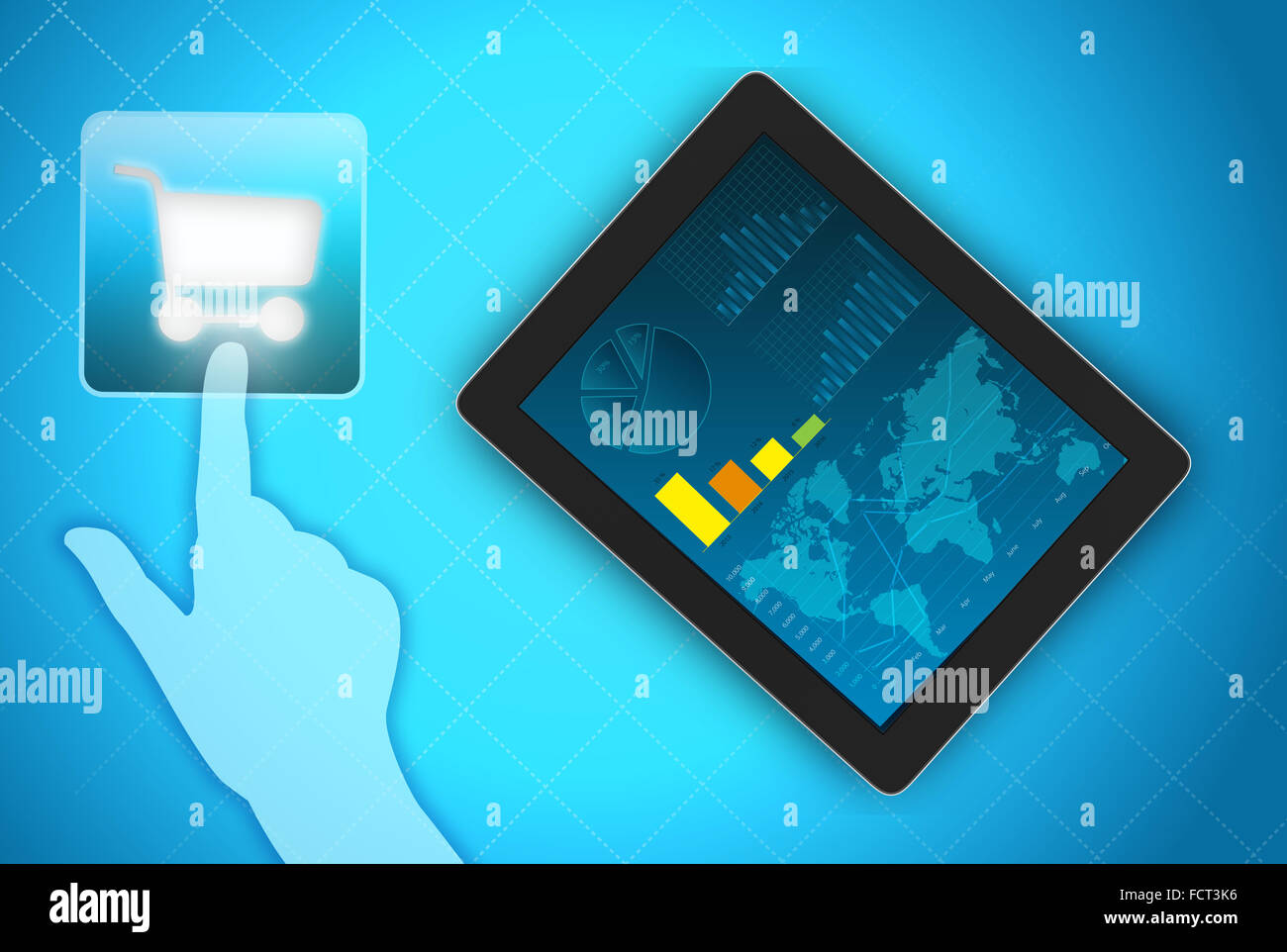 tablet screen chart, world map and hand pressed a finger on the icon ...