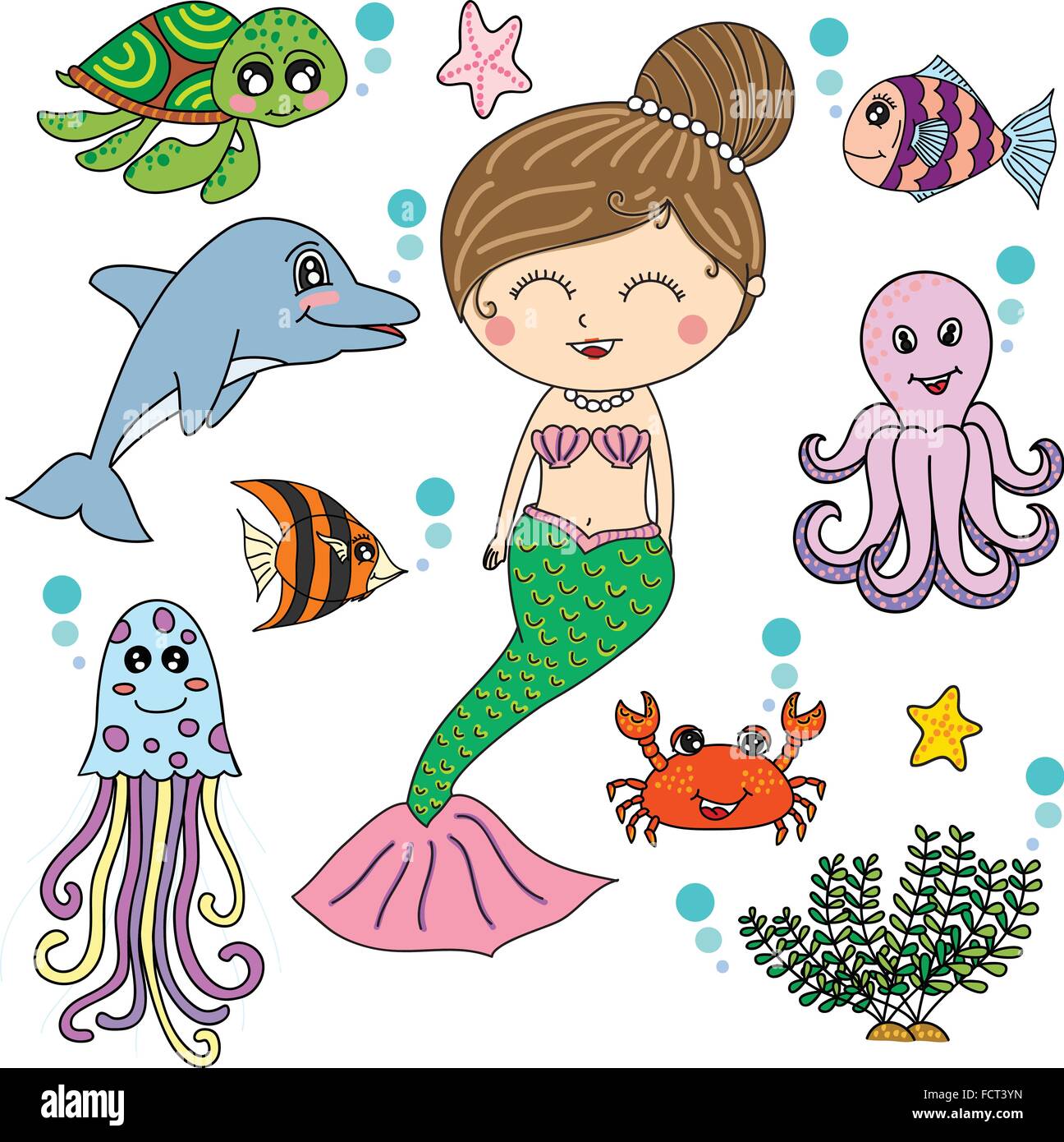 illustration of cute mermaid with sea animals Stock Vector Image & Art ...