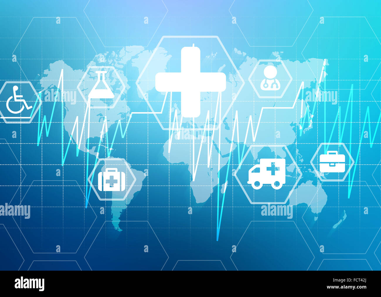 Medical background with a heart and an icon of medicine on the world ...