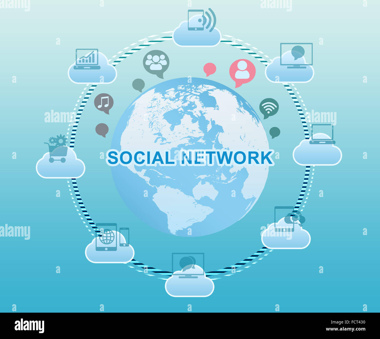 Globe and clouds with icons around. Computer social network Stock Photo ...