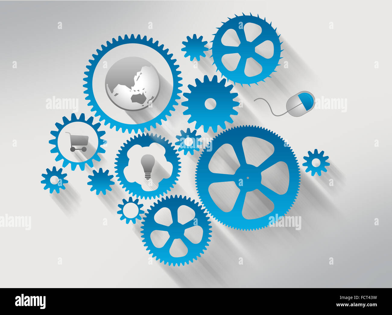 gears with shadow and icon mouse, globe, cart Stock Photo - Alamy
