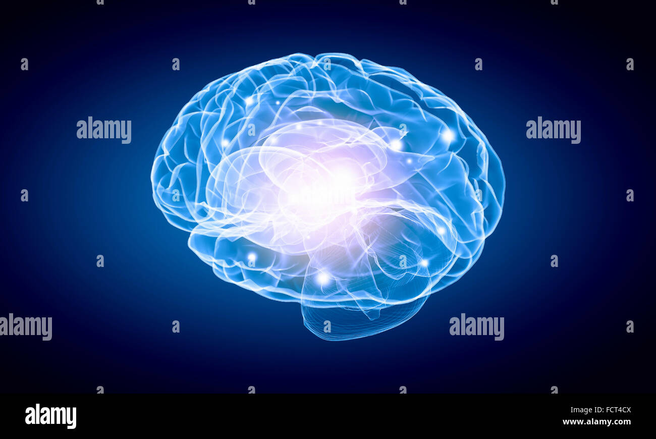 Science image with human brain on blue background Stock Photo - Alamy