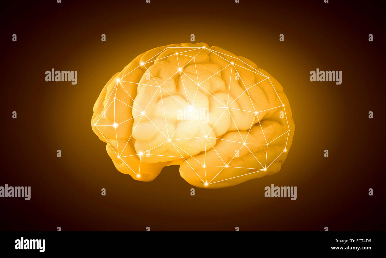 Science image with human brain on yellow background Stock Photo - Alamy