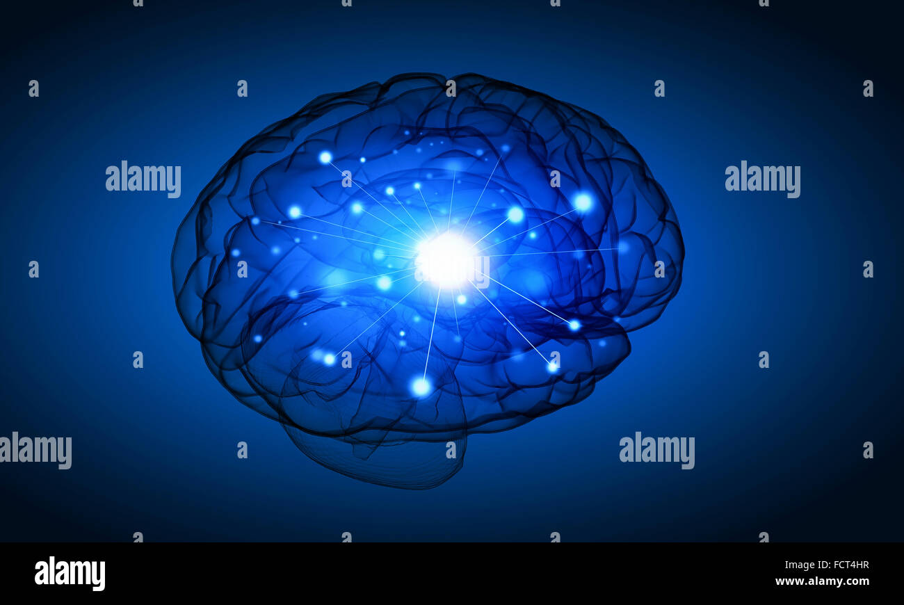 Science image with human brain on blue background Stock Photo - Alamy