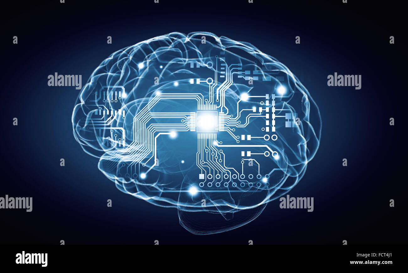 Science image with human brain on blue background Stock Photo - Alamy