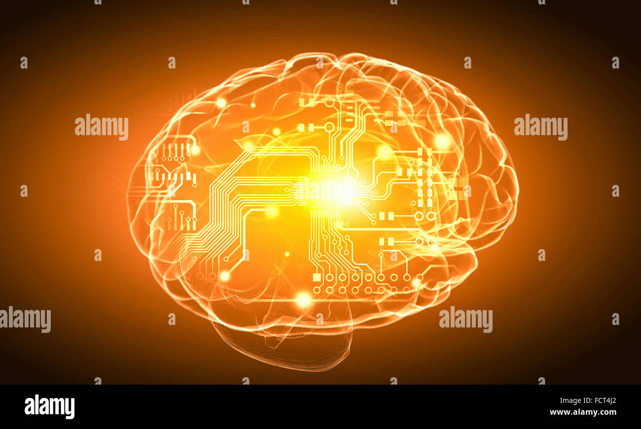 Science image with human brain on yellow background Stock Photo - Alamy