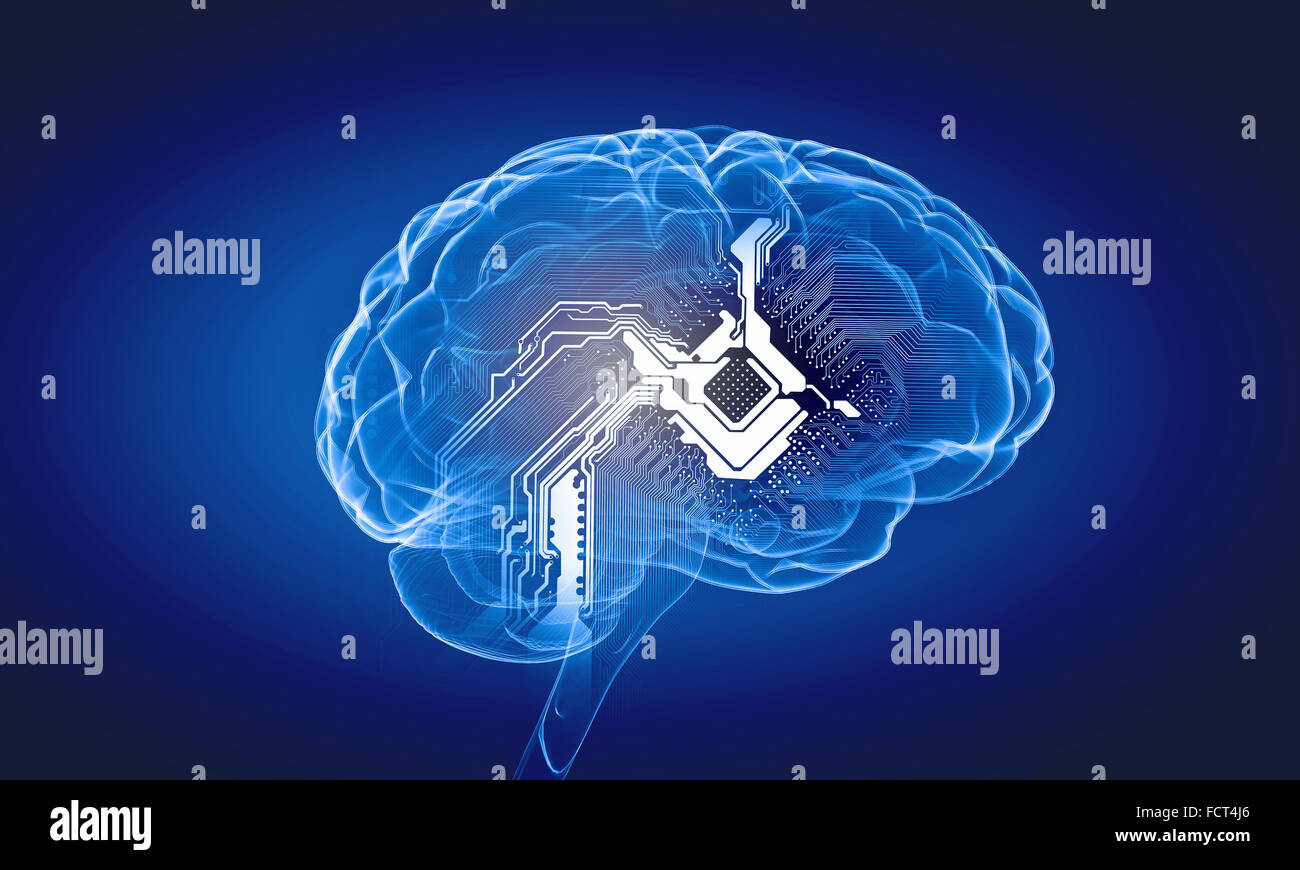 Science image with human brain on blue background Stock Photo - Alamy