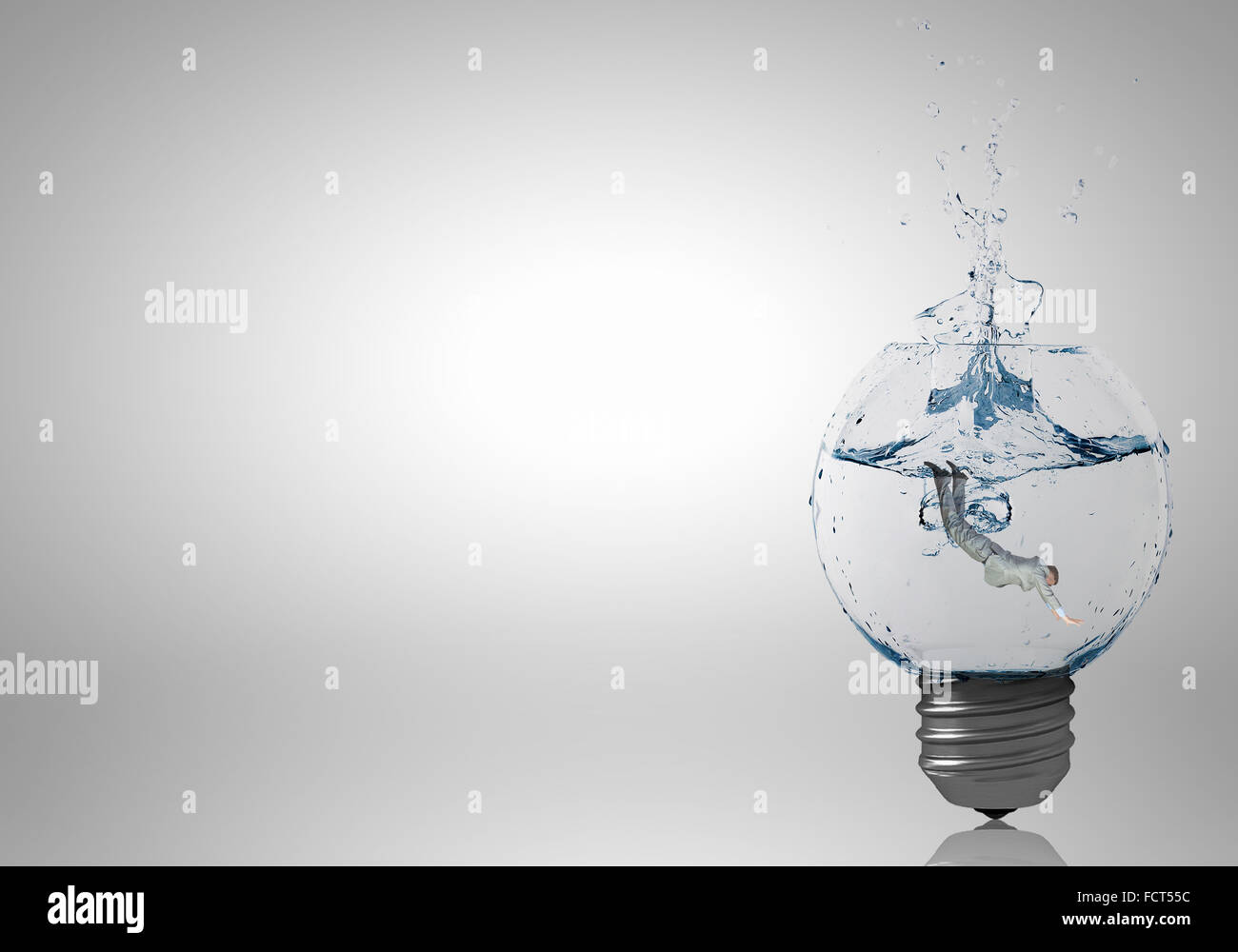 Conceptual image with light bulb filled with clear water and ...