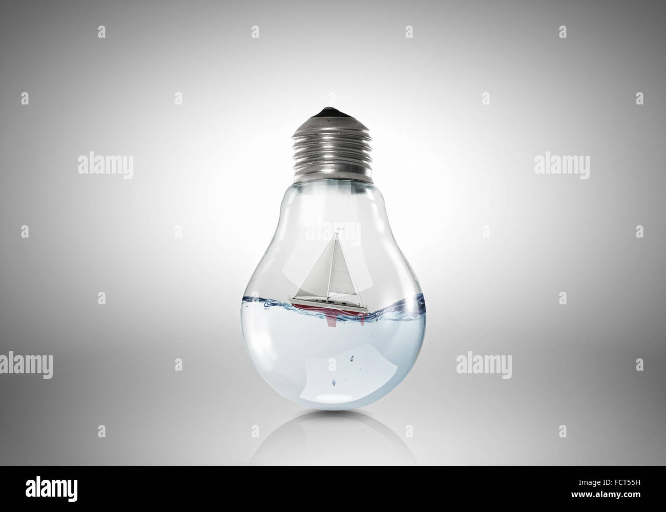 Concept of ecology with light bulb filled with water and boat floating ...