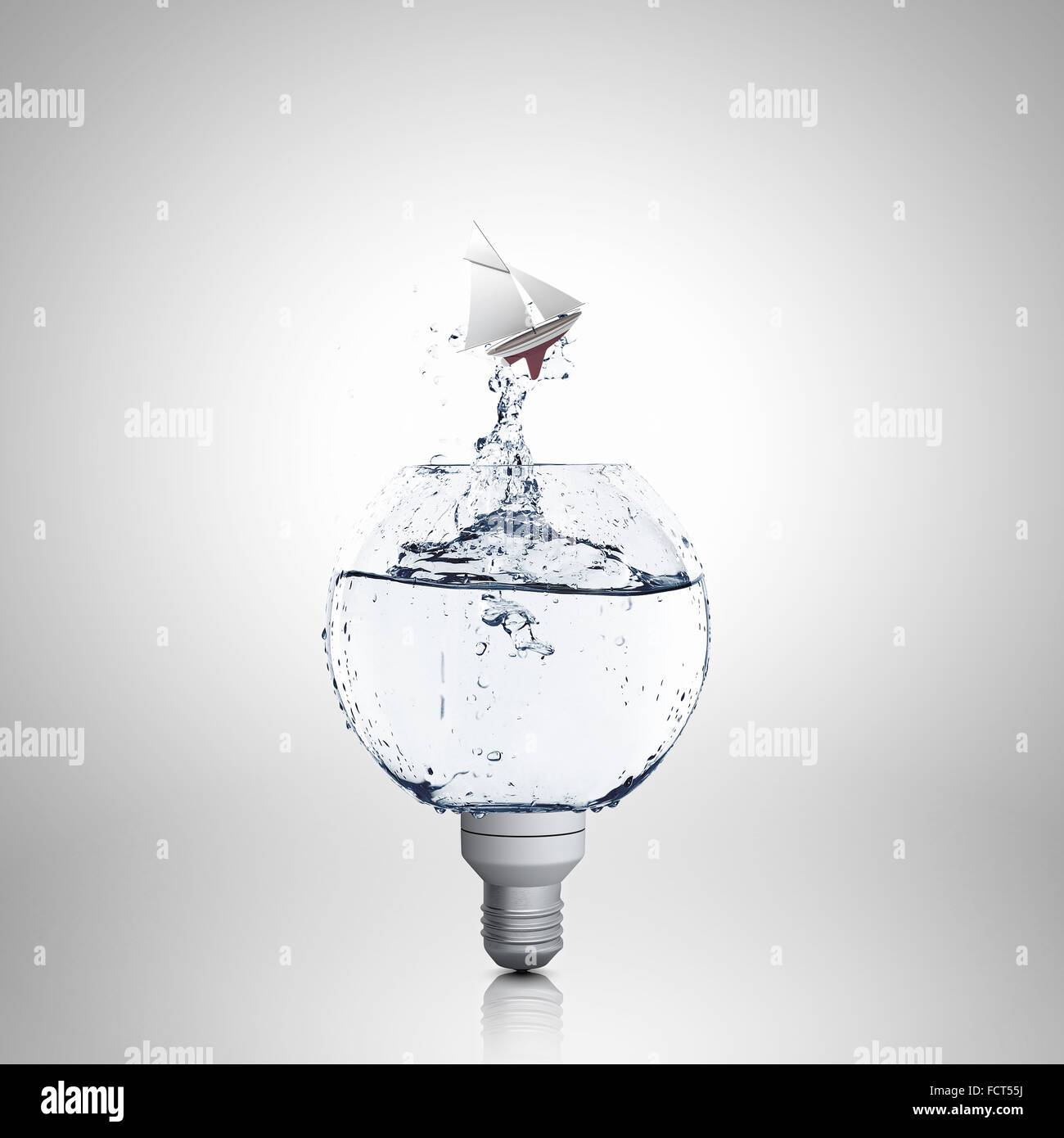 Concept of ecology with light bulb filled with water and boat floating ...