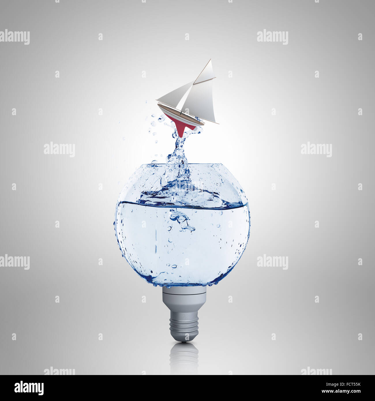 Concept of ecology with light bulb filled with water and boat floating ...