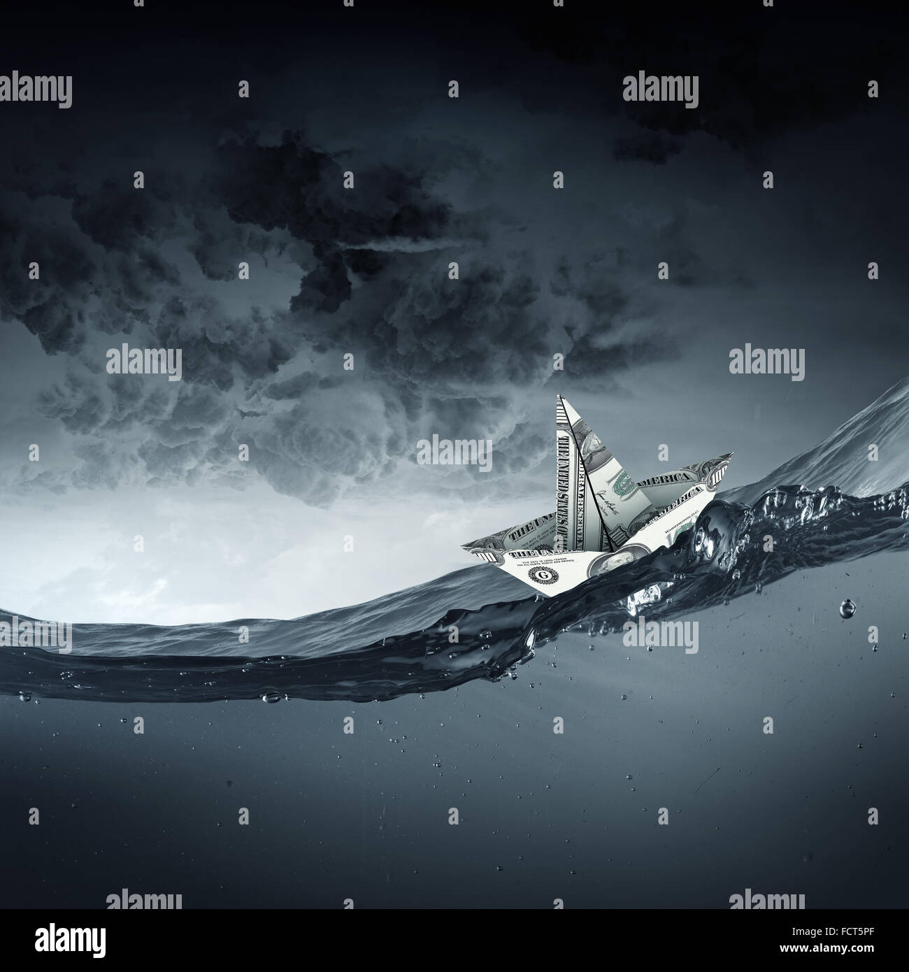 Ship made of dollar banknote floating in water Stock Photo - Alamy