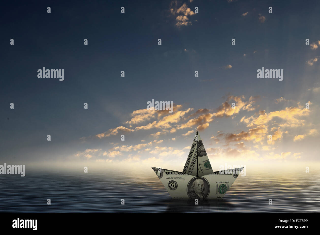 Ship made of dollar banknote floating in water Stock Photo - Alamy