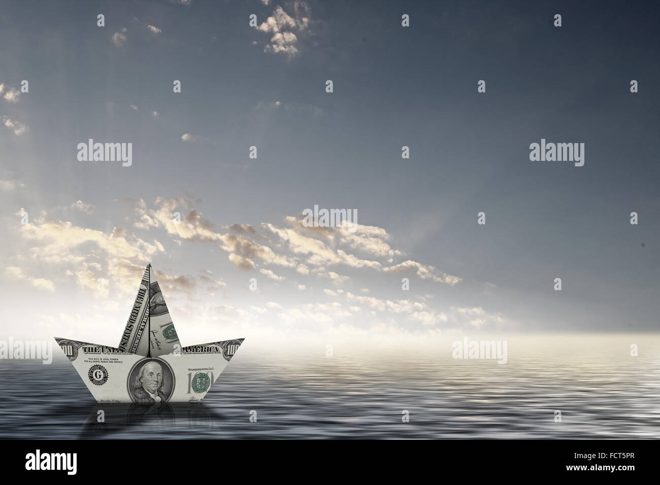 Ship made of dollar banknote floating in water Stock Photo - Alamy