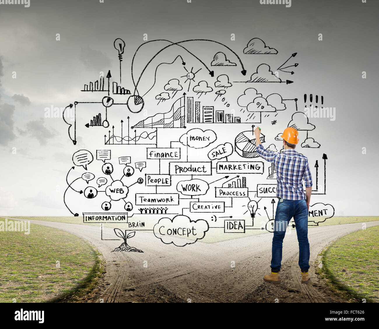 Back view of man engineer drawing plan sketches on wall Stock Photo - Alamy
