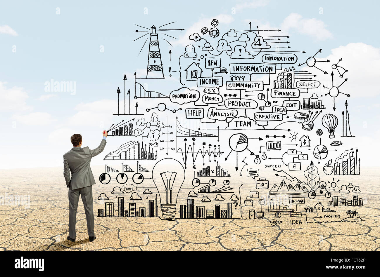 Back view image of businessman drawing sketches on wall Stock Photo - Alamy