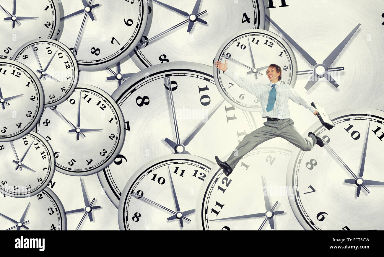 Concept of time with funny businessman running in a hurry Stock Photo ...