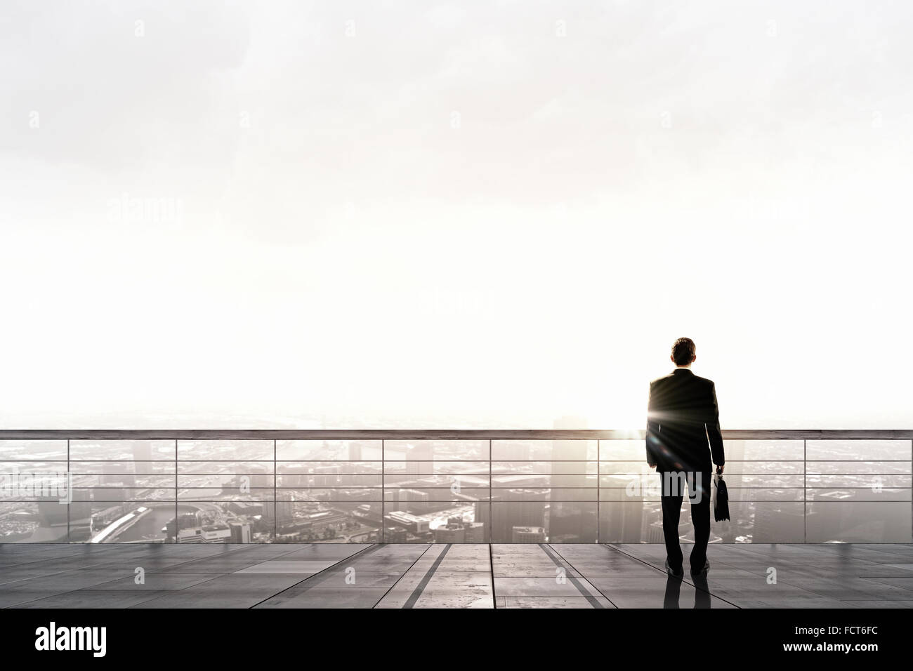 Back view of businessman standing on roof looking at city Stock Photo ...