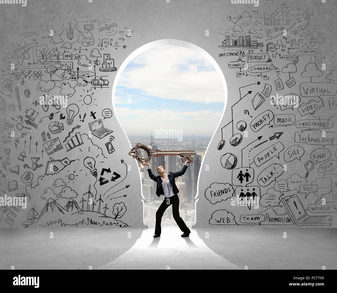 Young businesswoman and keyhole at background lifting big key above ...