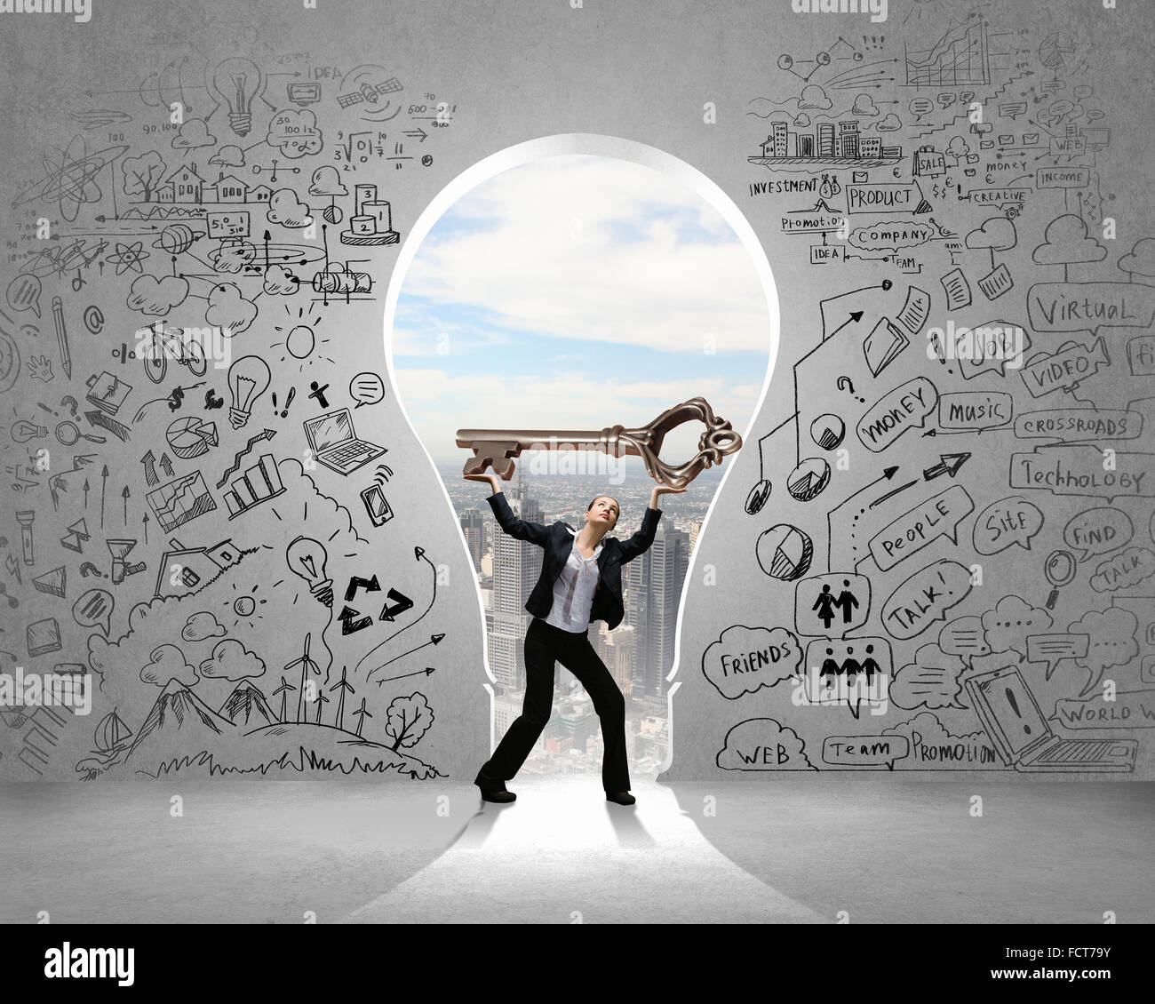 Young businesswoman and keyhole at background lifting big key above ...