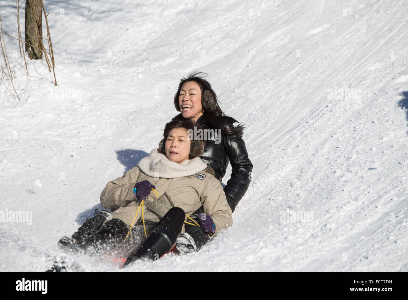 New York City, United States. 24th Jan, 2016. Women ride down slope ...