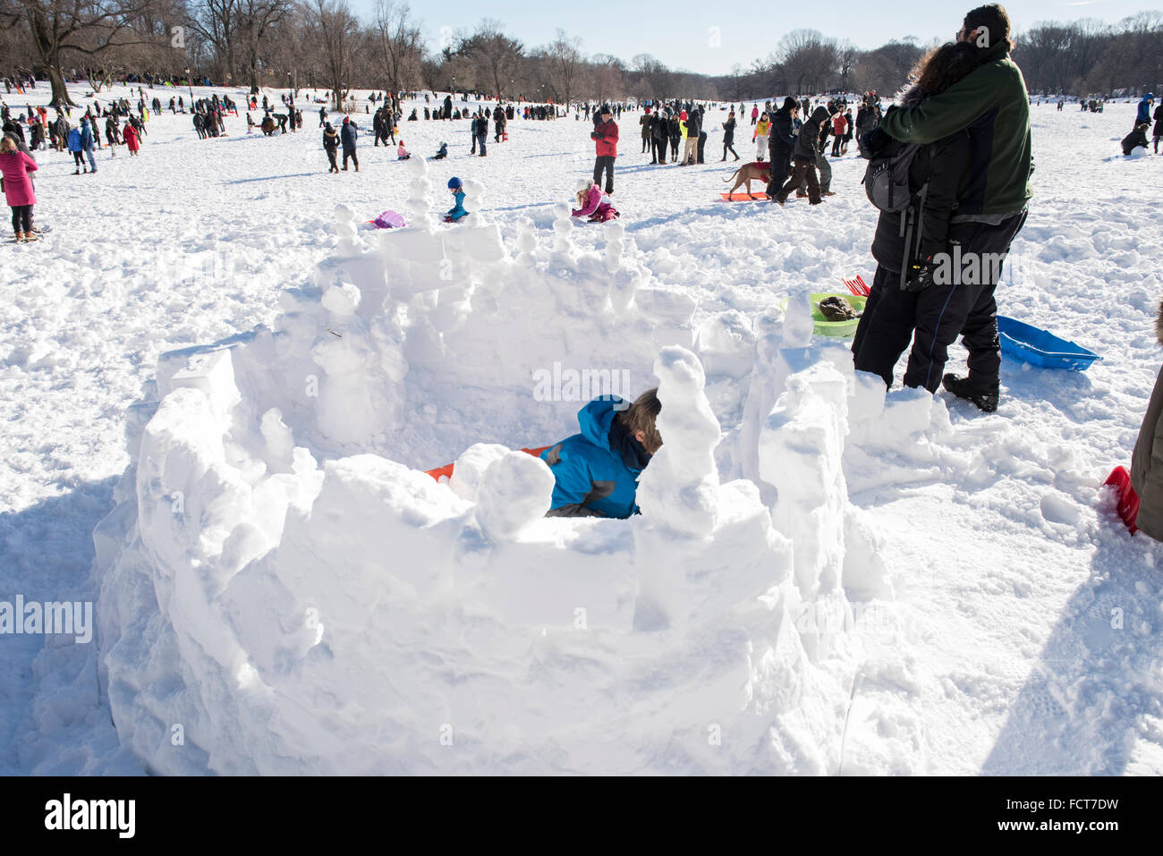 New York City, United States. 24th Jan, 2016. Snow castle in the park's ...