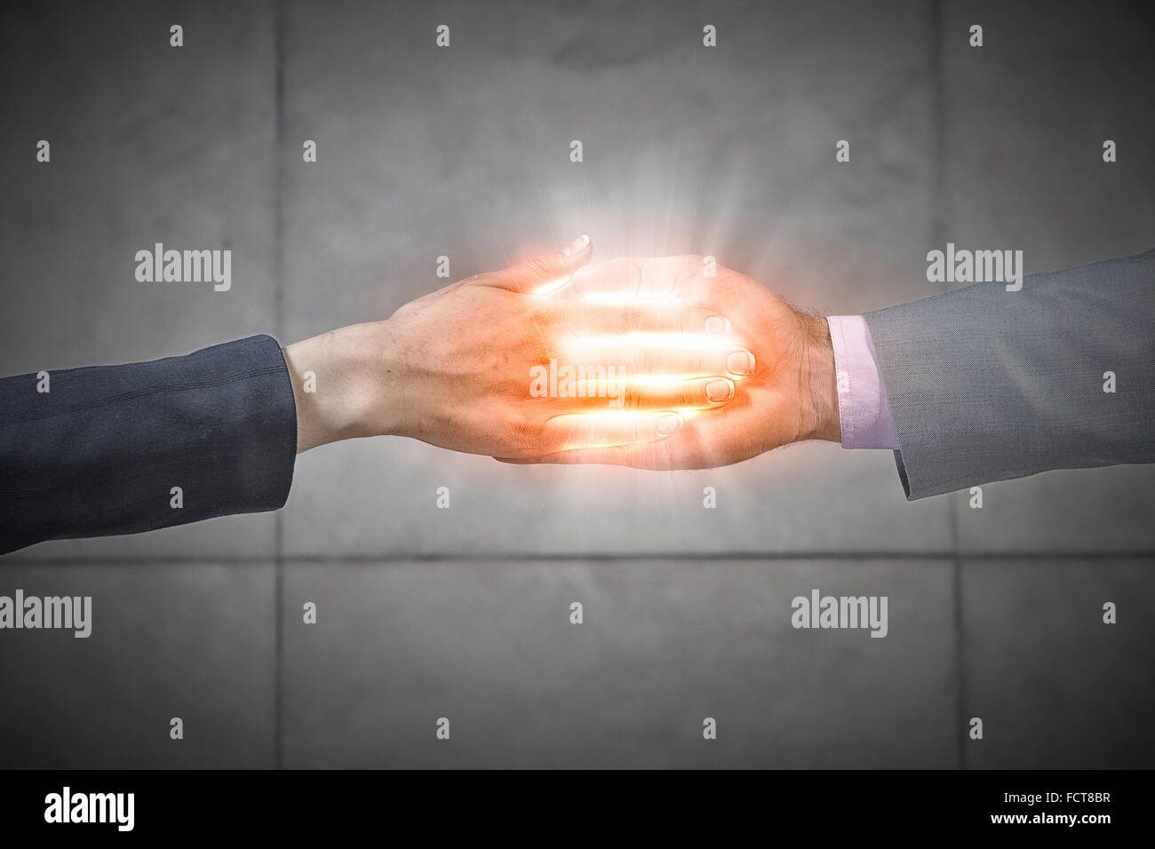 Top view of a businessman and woman shaking hands in office lobby Stock ...